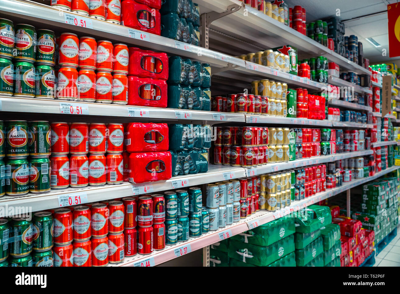Valencia,Spain - April 27, 2019: Beer department at Auchan hypermarket ...