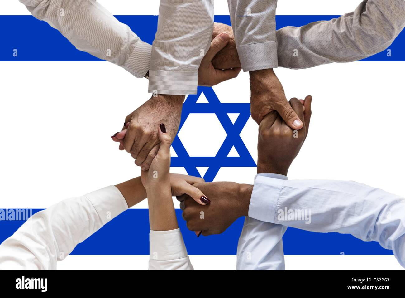 Flag of Israel, intergration of a multicultural group of young people ...