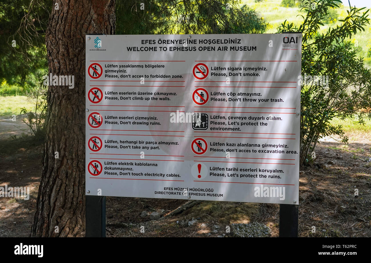 Sign with instructions at popular tourist site of Ephesus, UNESCO ...