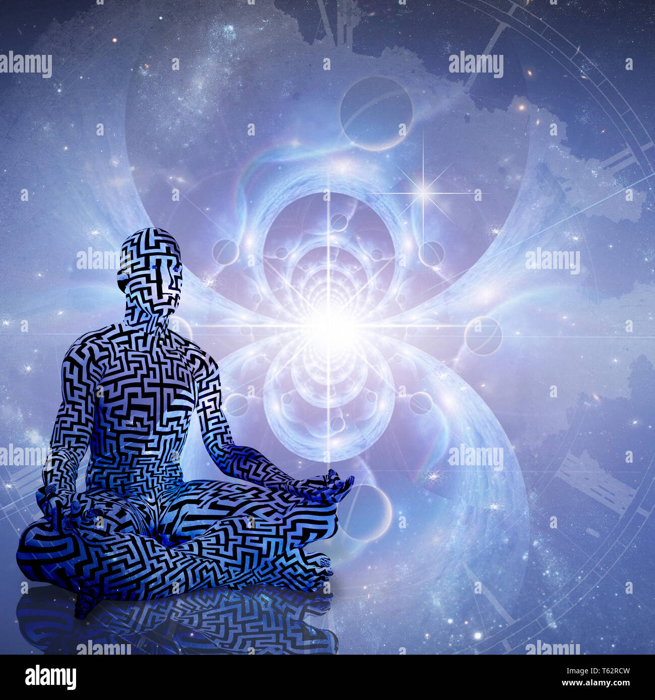 Space Meditation. Man with maze pattern meditate in lotus pose Stock ...