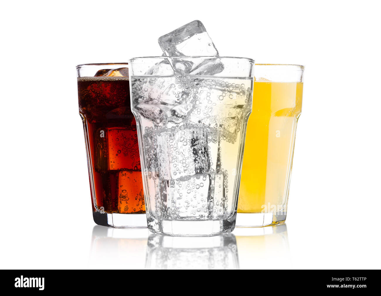 Glasses of cola and orange soda drink and lemonade sparkling water on white background with ice ...