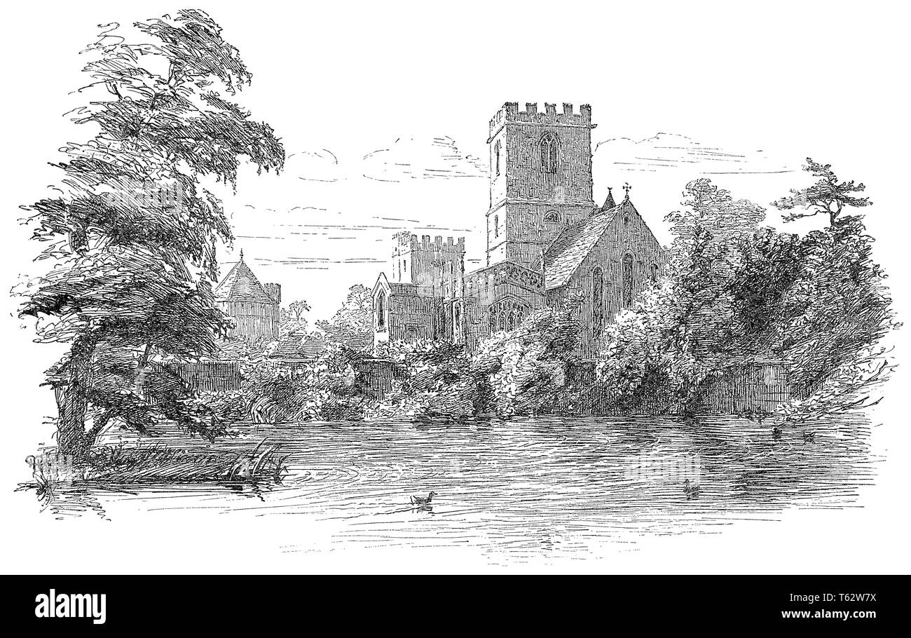 1891 engraving of St. Michael's parish church in the village of Stanton ...