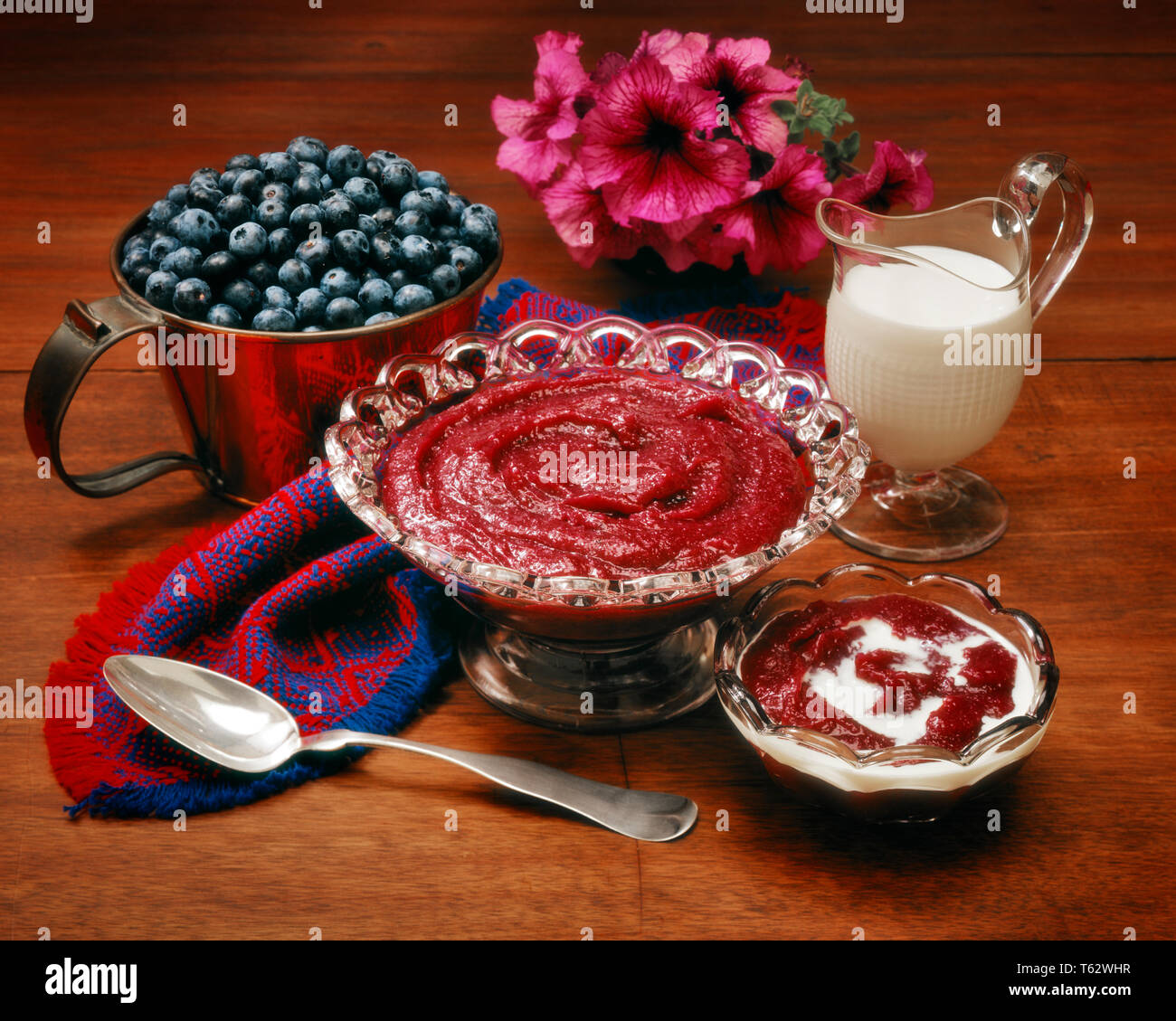 1770s COLONIAL AMERICAN DESSERT DISH OF BLUEBERRY FLUMMERY SERVED WITH ...