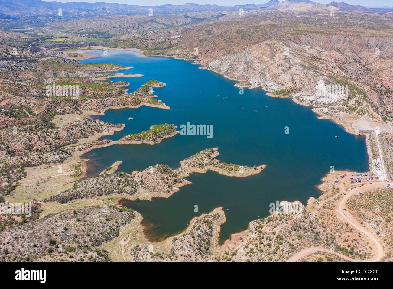 Aerial view of the Jacinto Lopez dam in the Sonora border region ...