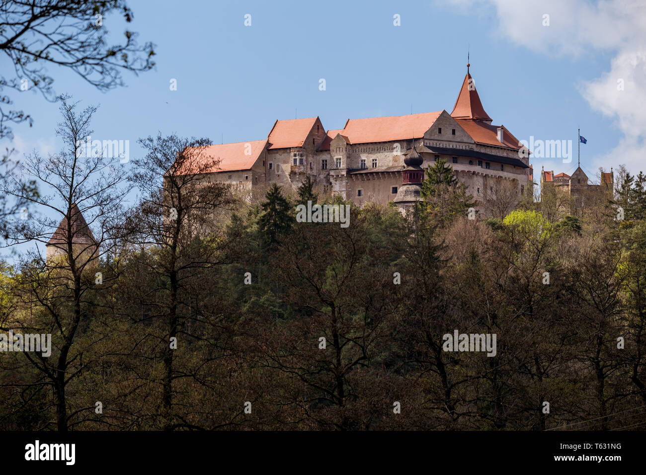 Gothic Pernstejn Castle from the mid-13th century stands in deep ...