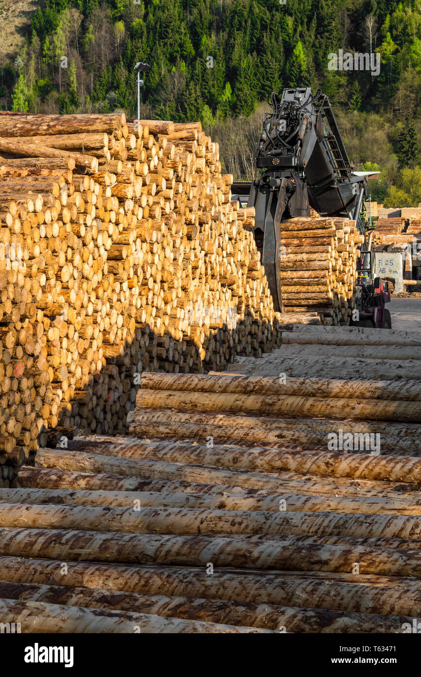 Heavy Machine Working With Wood At Sawmill Stock Photo - Alamy