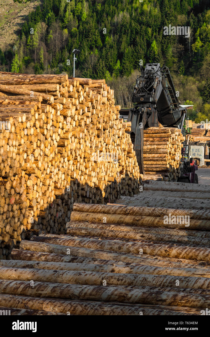 Heavy Machine Working With Wood At Sawmill Stock Photo - Alamy