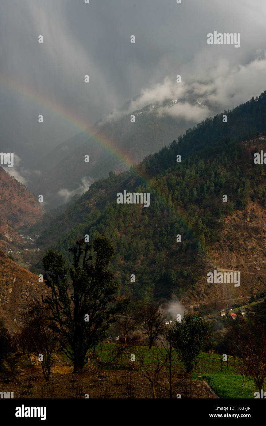 Colorful landscape with Rainbow in high Himalayan mountains - India ...
