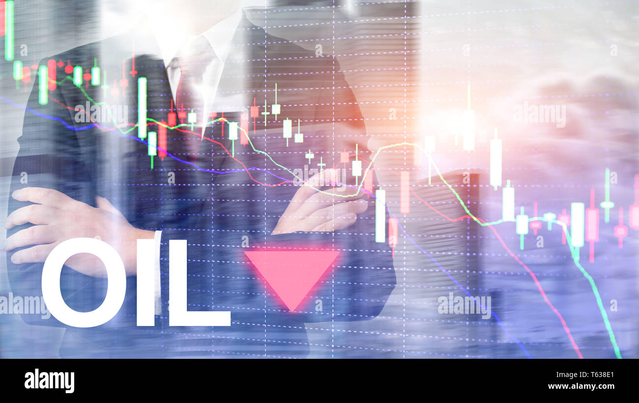 Oil trend down. Candle graph chart Oil barrels and a financial chart on ...