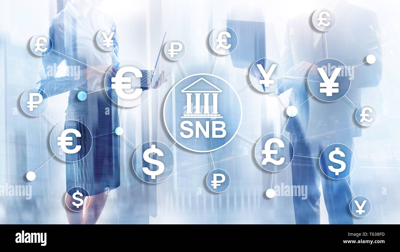 Different currencies on a virtual screen. SNB. Swiss National Bank ...