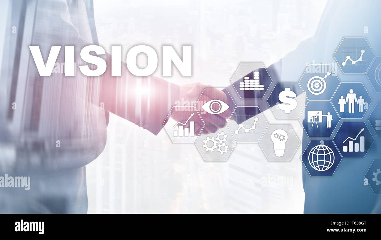 Vision concept. Business people and modern city on background. Virtual ...