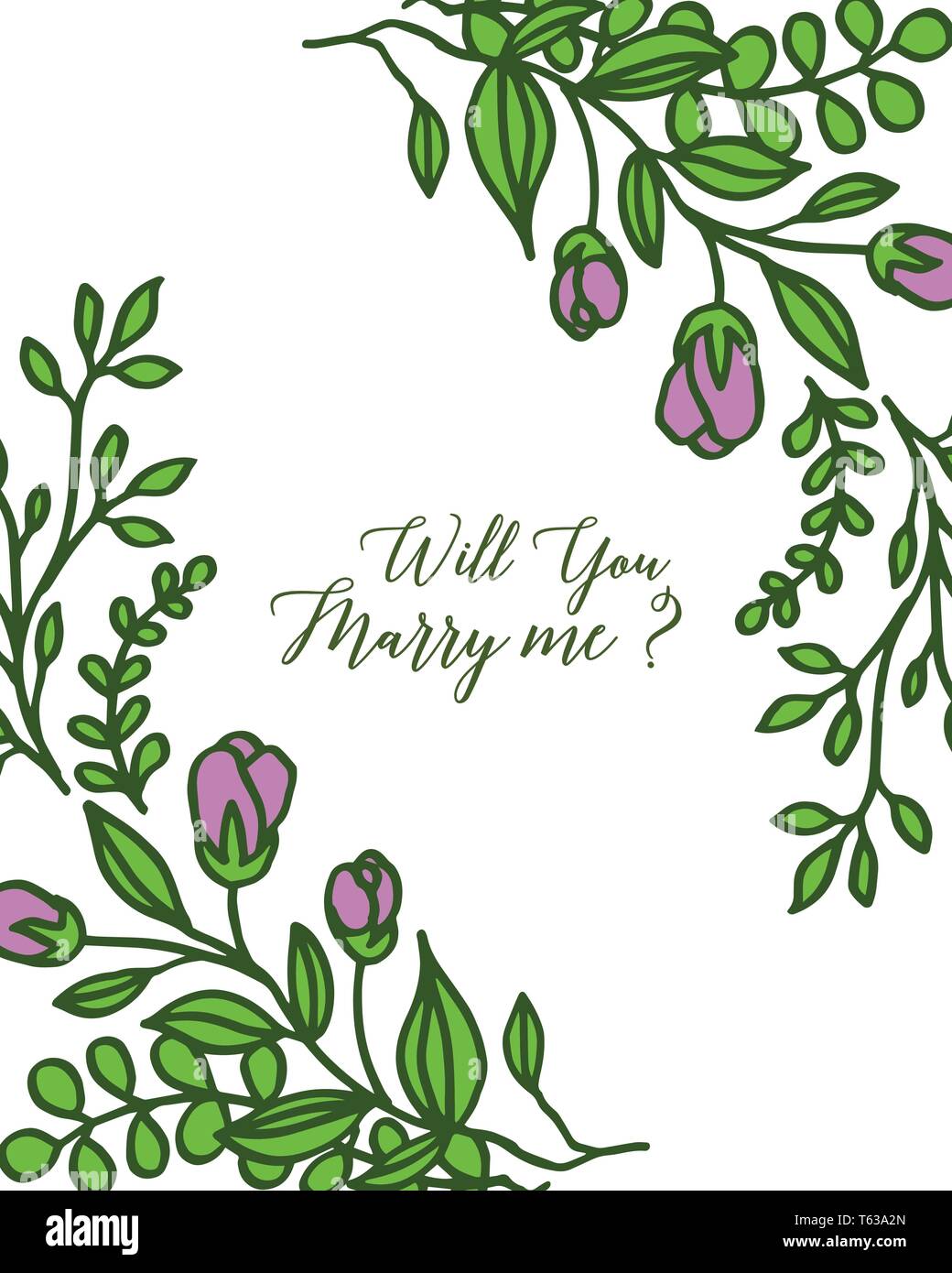 Vector illustration lettering will you marry me for bright green leafy ...
