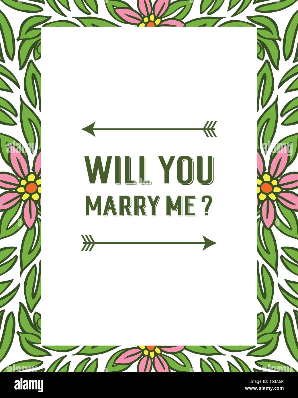 Vector illustration style pink flower frame with letter will you marry ...