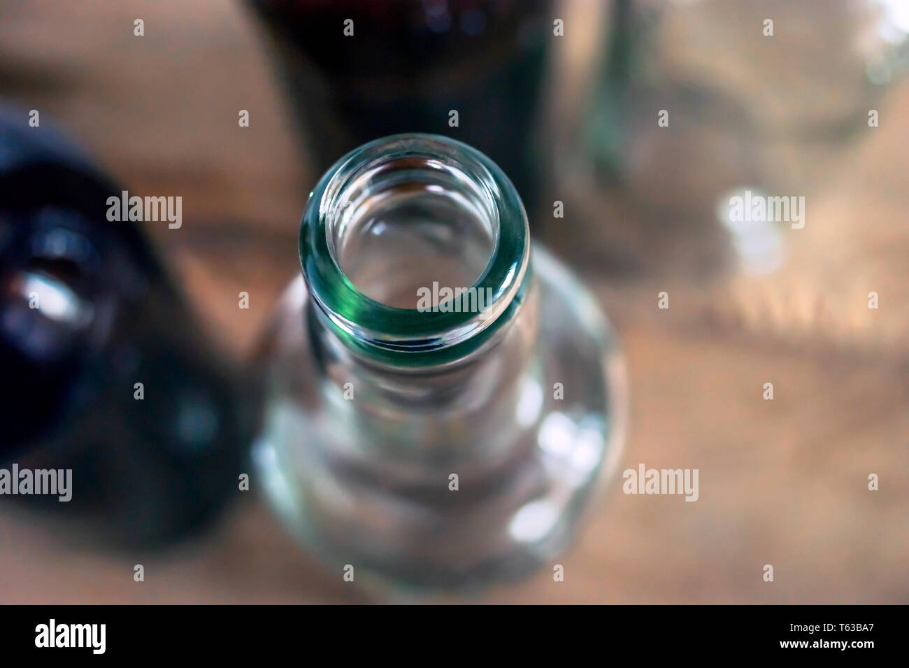 Top-Down View of Glass Bottle Rim, Bore, Orifice or Throat. Blurred ...