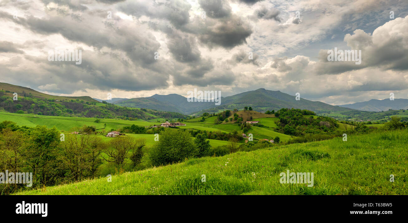 landscape of Pays Basque, Green hills. a French countryside in the ...