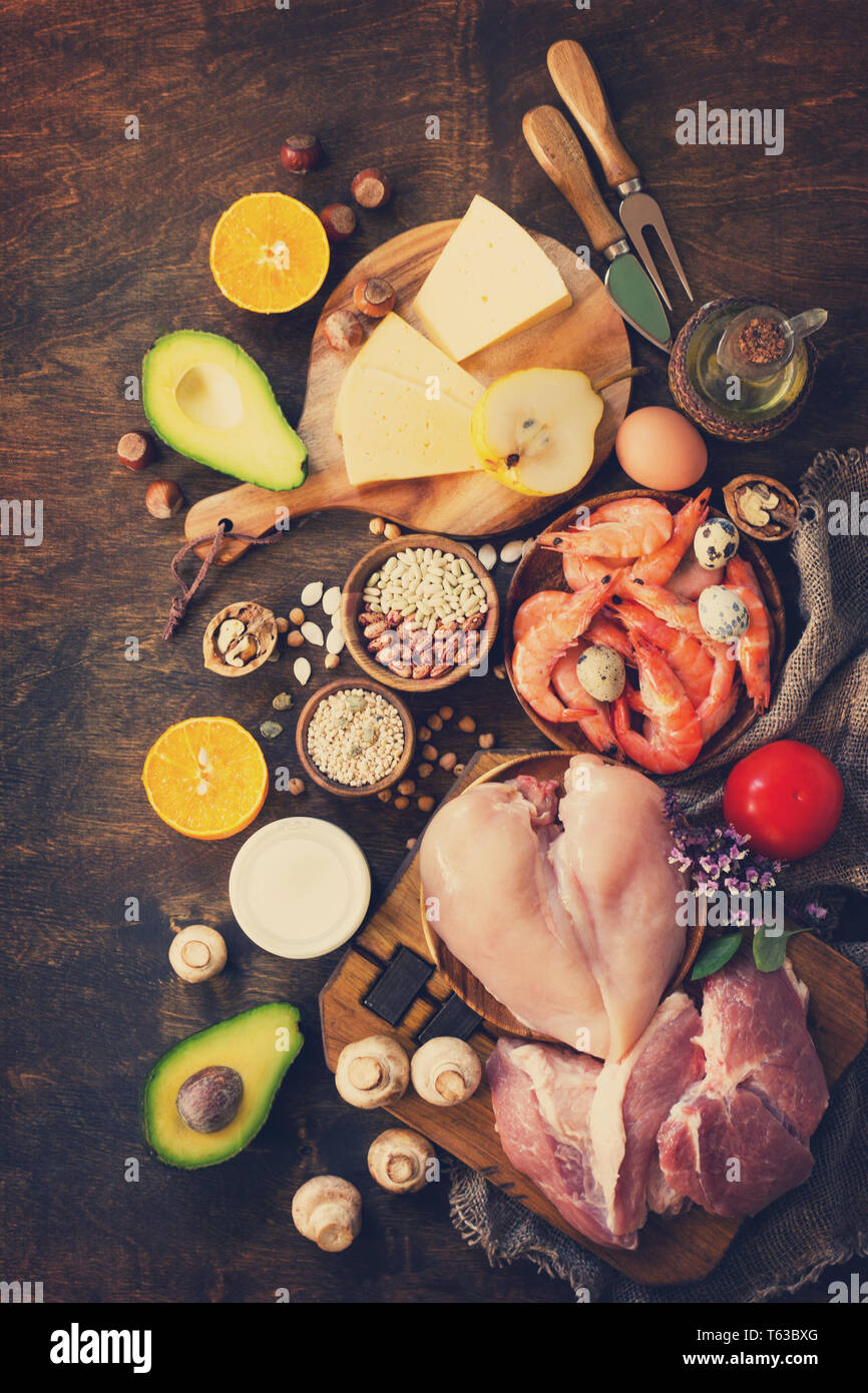 Balanced food background. Protein foods, fruits, juice and vegetables ...