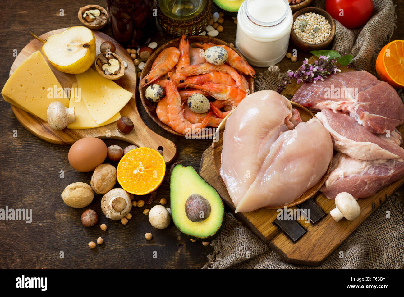 Balanced food background. Healthy eating and diet concept. Protein ...