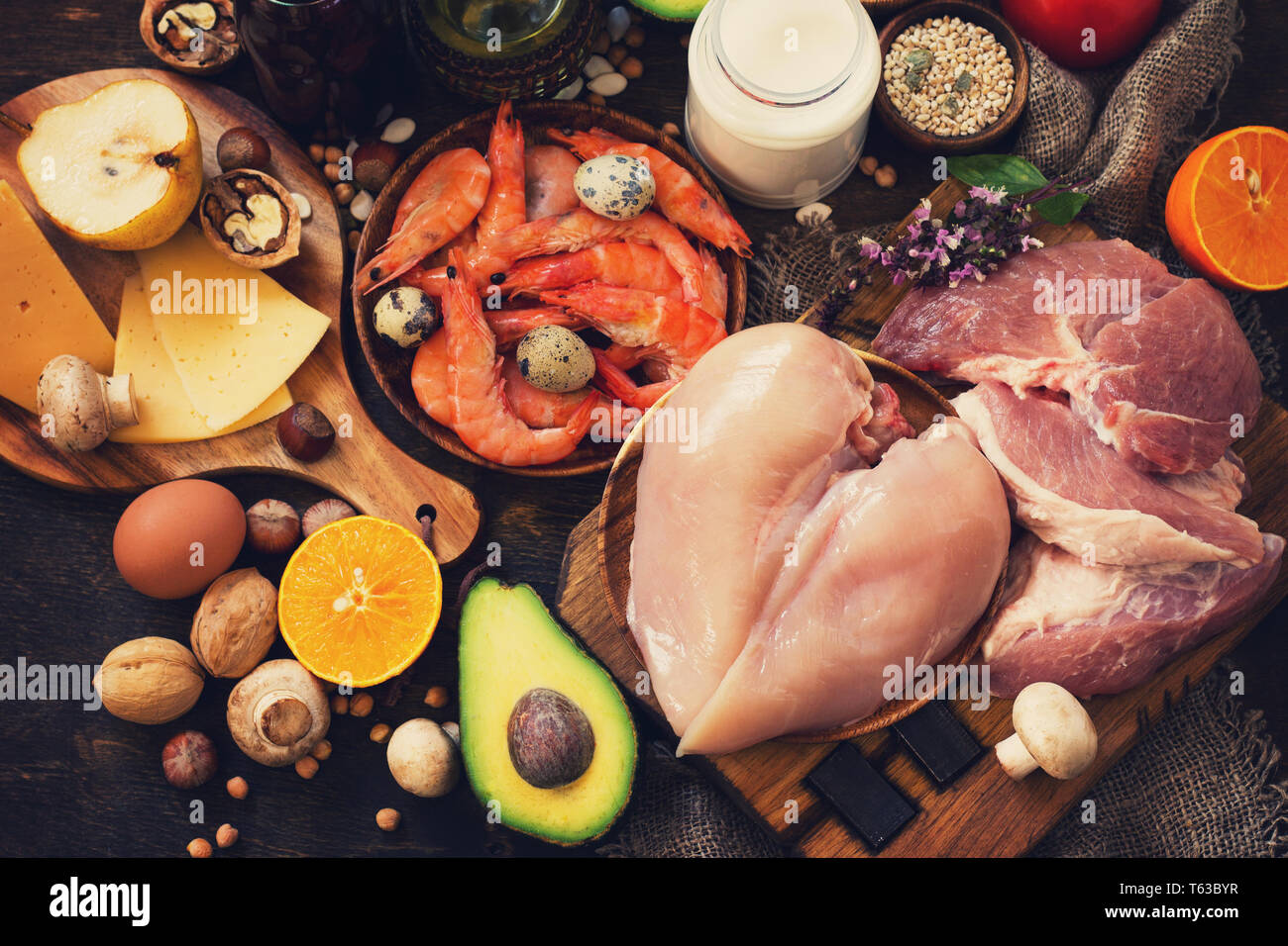 Balanced food background. Healthy eating and diet concept. Protein ...