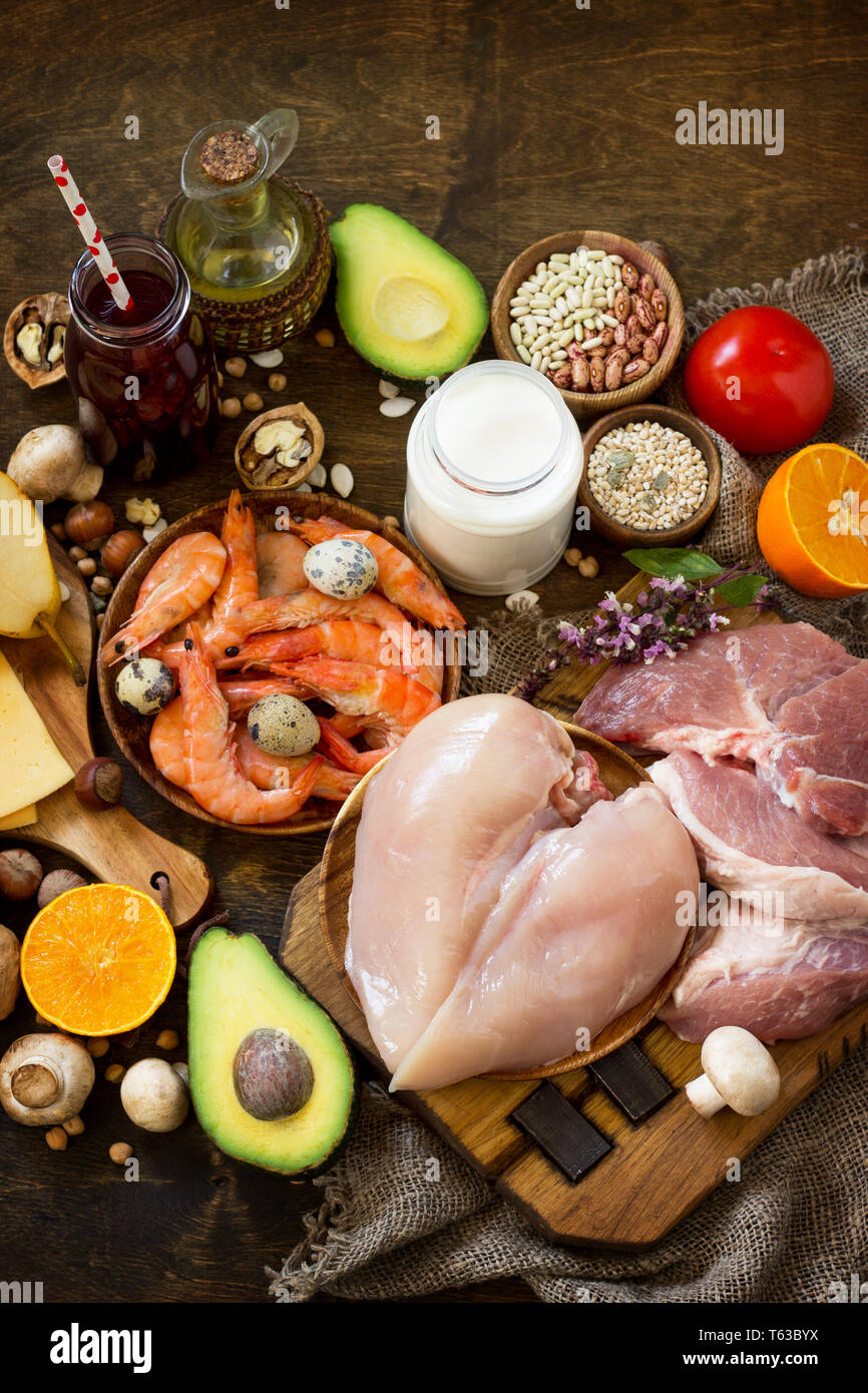 Balanced food background. Healthy eating and diet concept. Protein ...