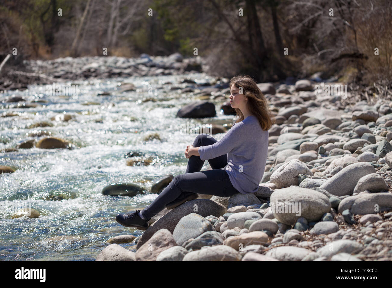 Young beautiful girl on nature takes a selfie on the phone and takes pictures of nature. Good ...