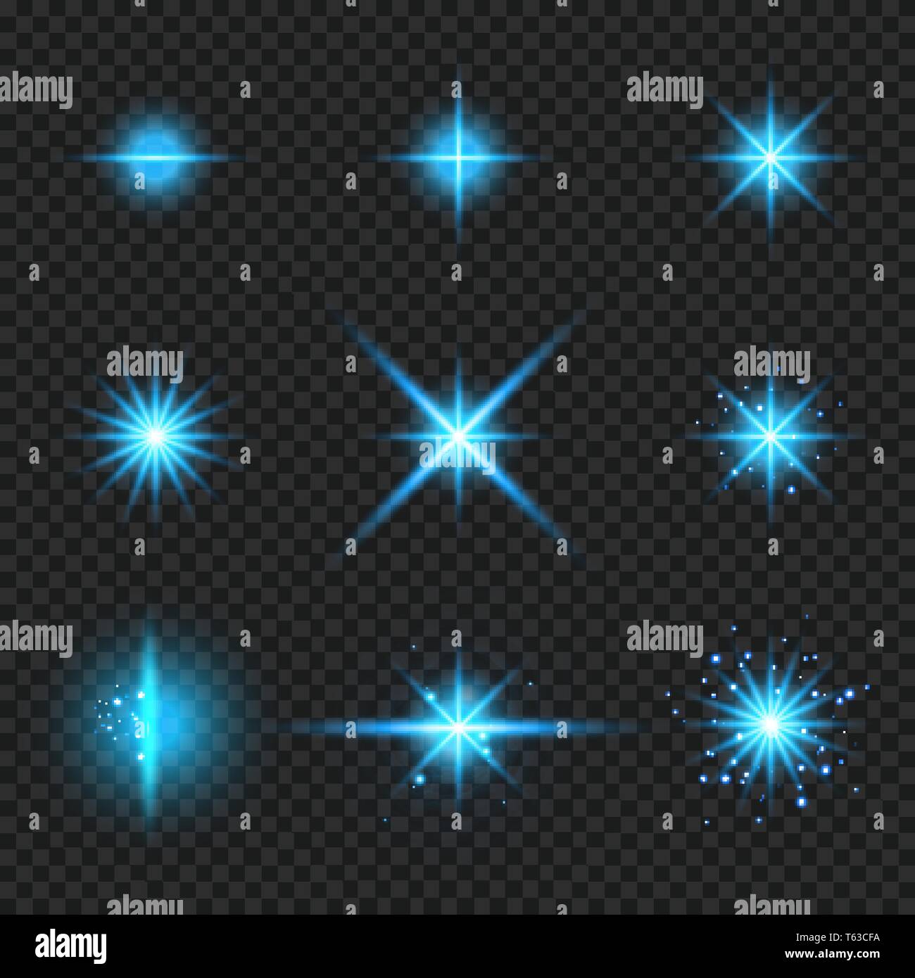Set of elements glowing blue light burst rays,, stars bursts with sparkles isolated on ...