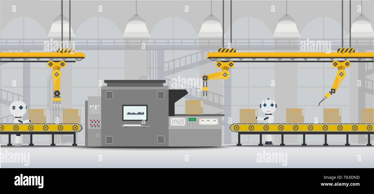 Automation factory concept with robot working flat design vector ...