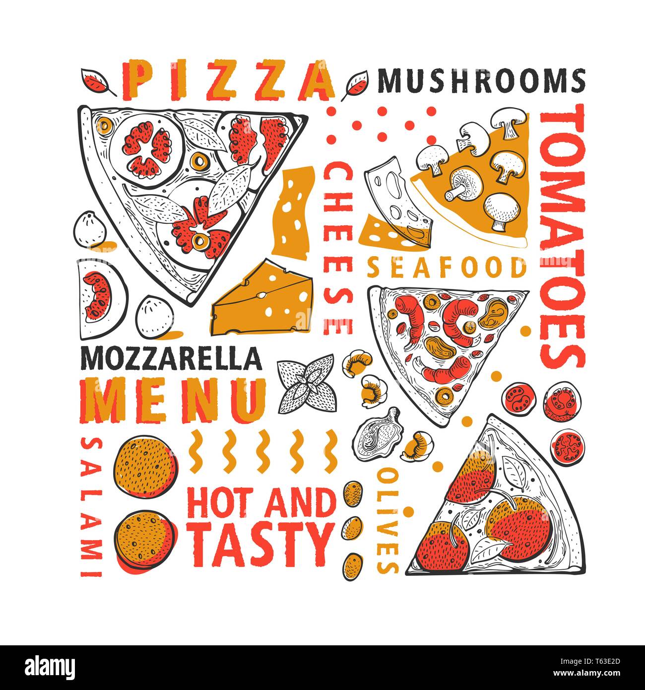 Typographic vector pizza and ingredients banner. Italian food design ...