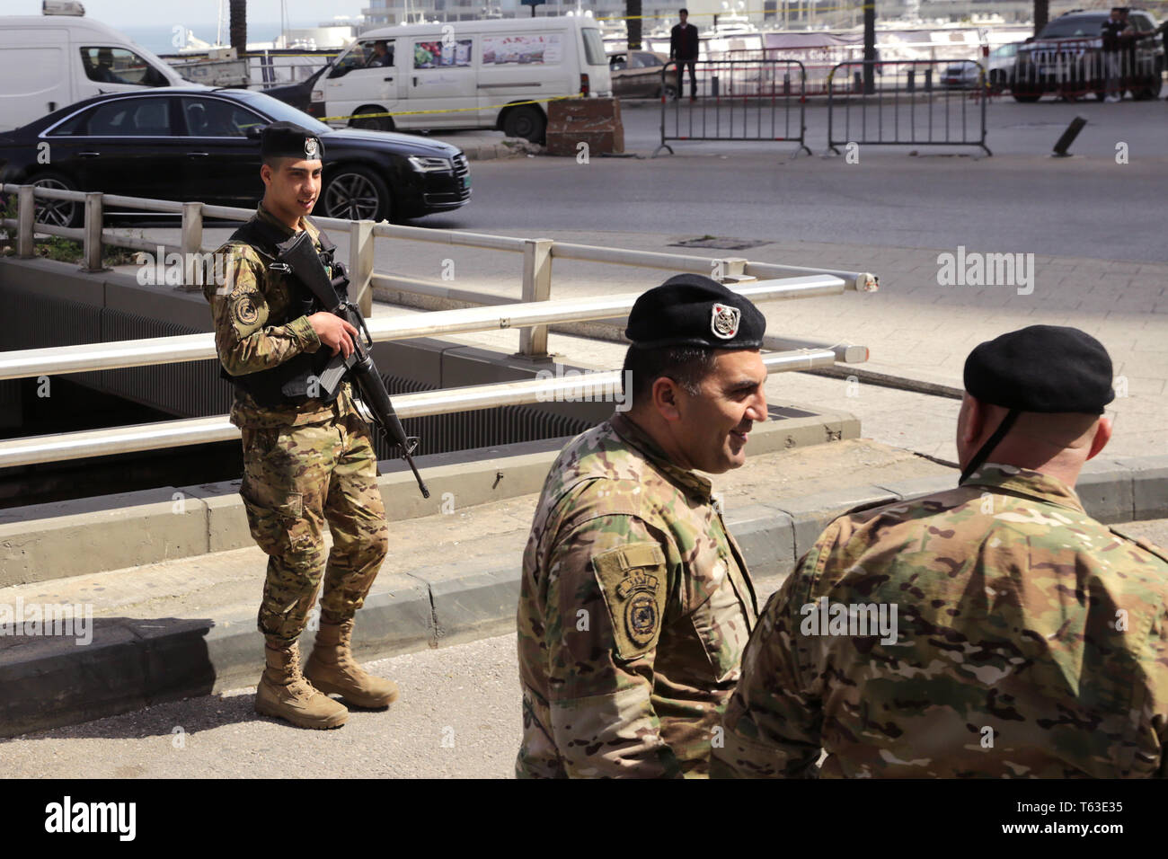 Beirut, Lebanon - 9 April, 2019: Armed Lebanese soldiers patrol a ...