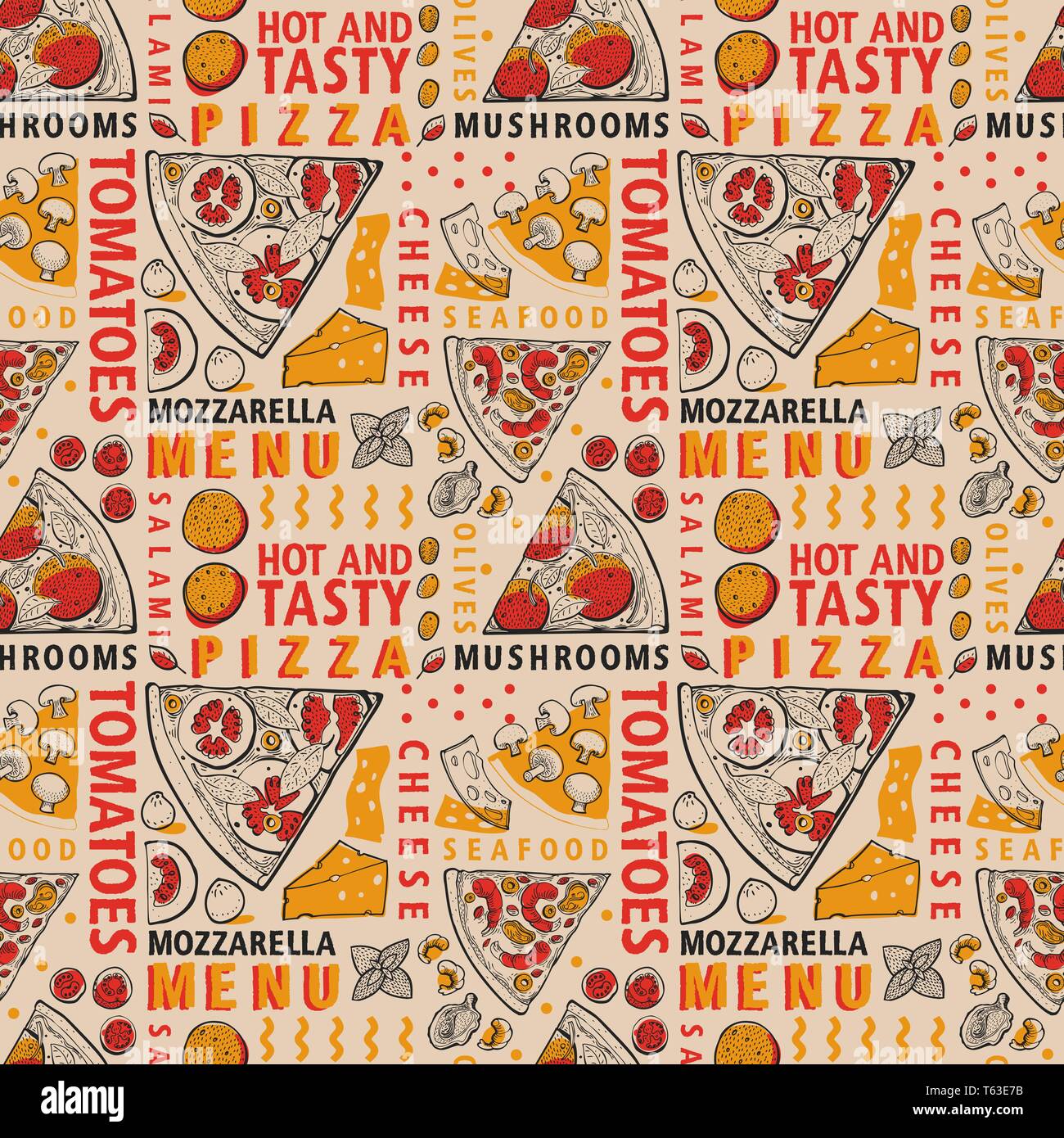Typographic vector pizza and ingredients seamless pattern. Italian food ...