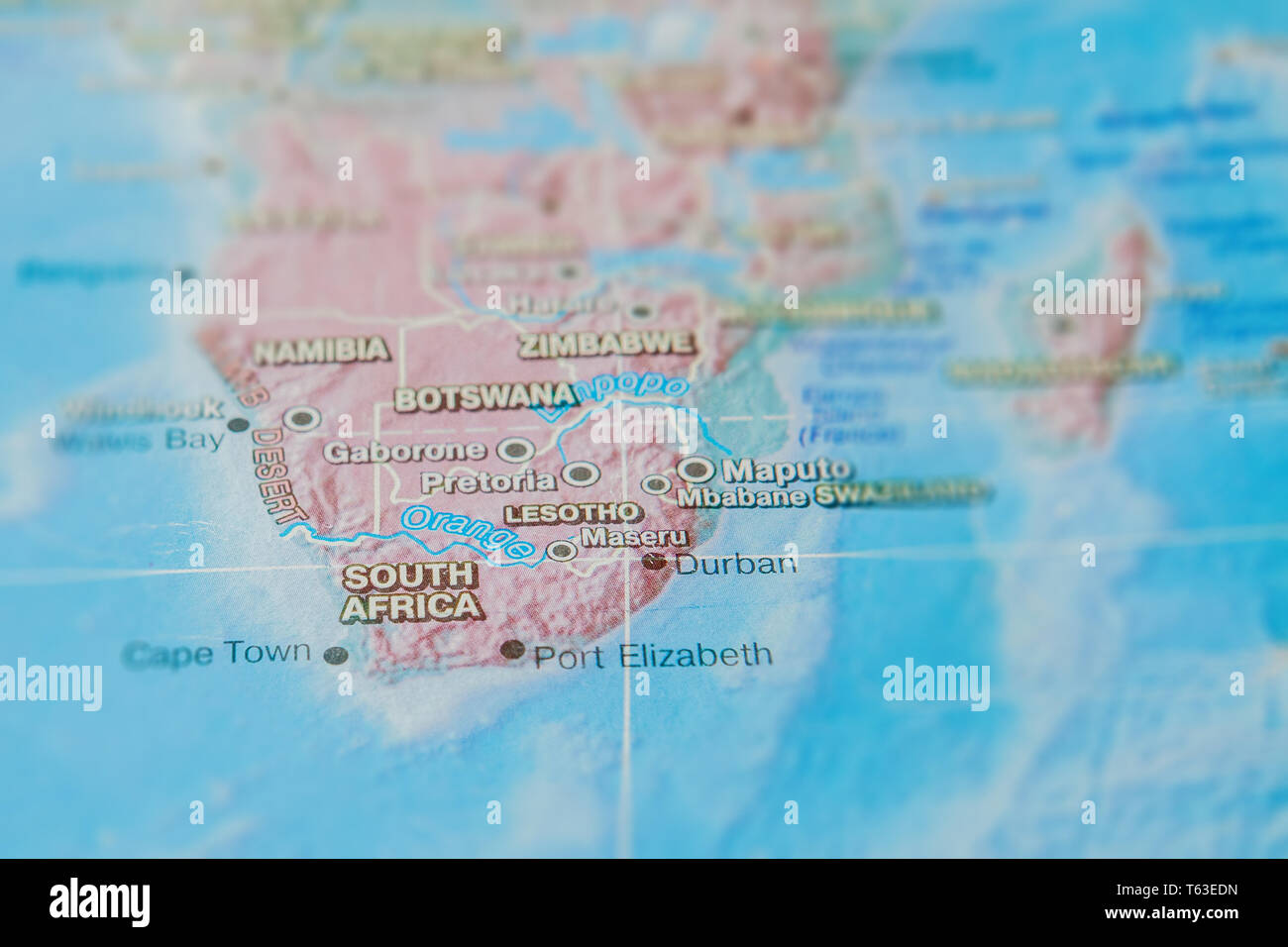 South Africa in close up on the map. Focus on the name of country ...