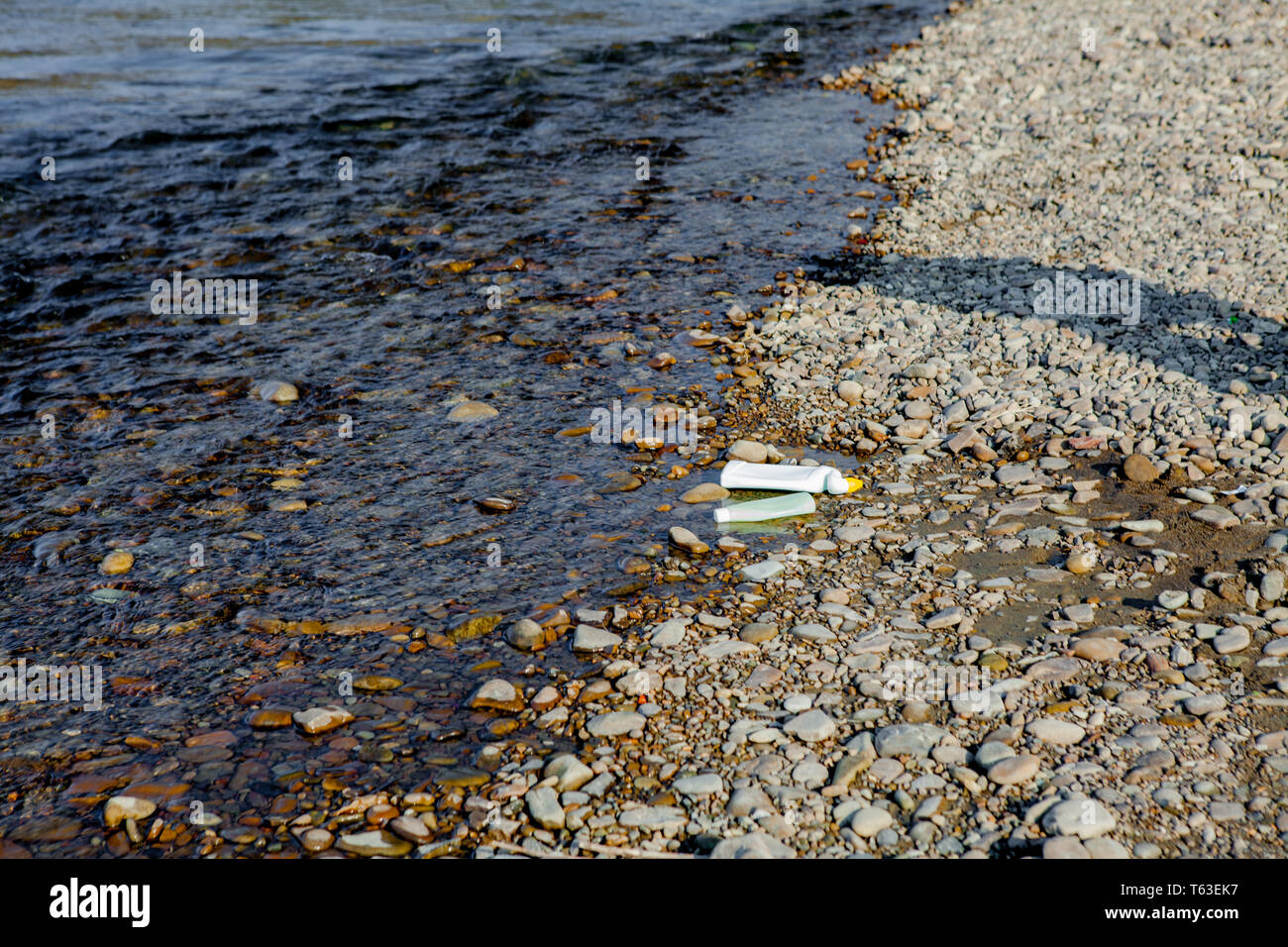 River pollution near the shore, garbage near the river, plastic food ...