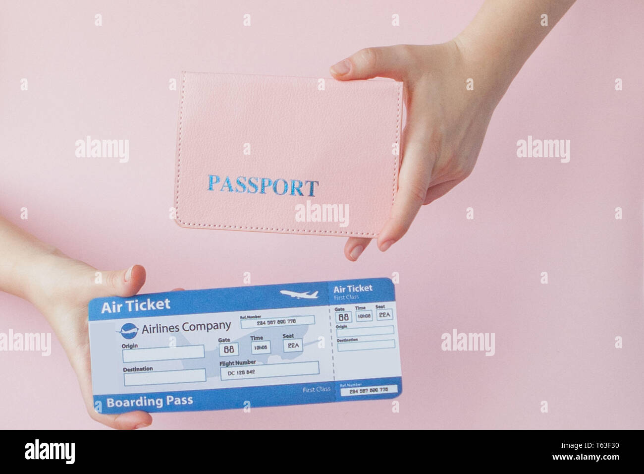 Close up tourist female horizontal hold in hand tickets for plane with ...