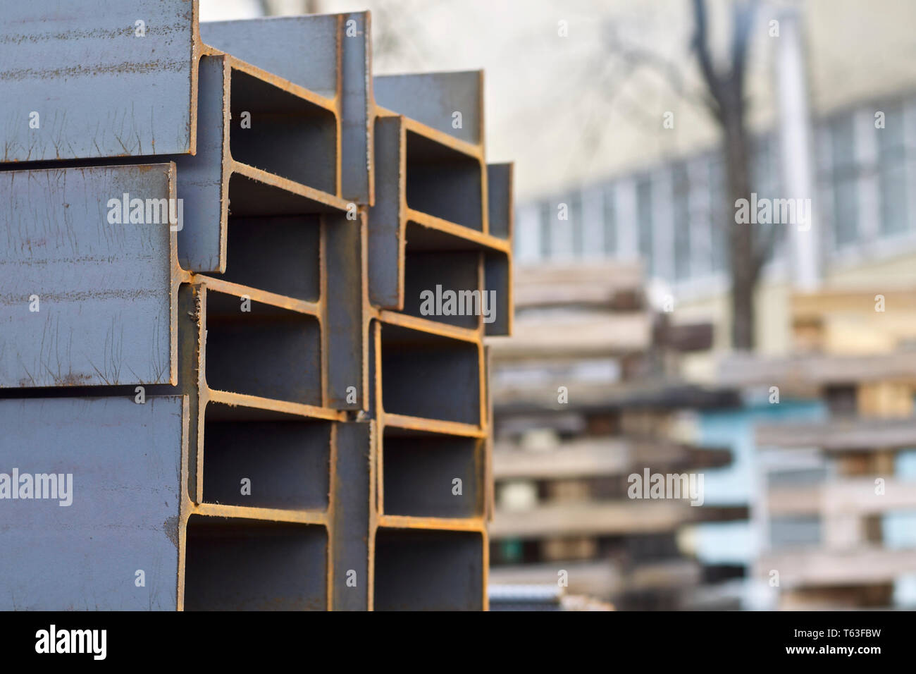 Metal profile beam in packs at the warehouse of metal products, Russia ...