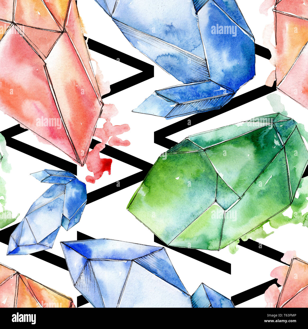 Colorful diamond rock jewelry minerals. Watercolor crystal stone ...