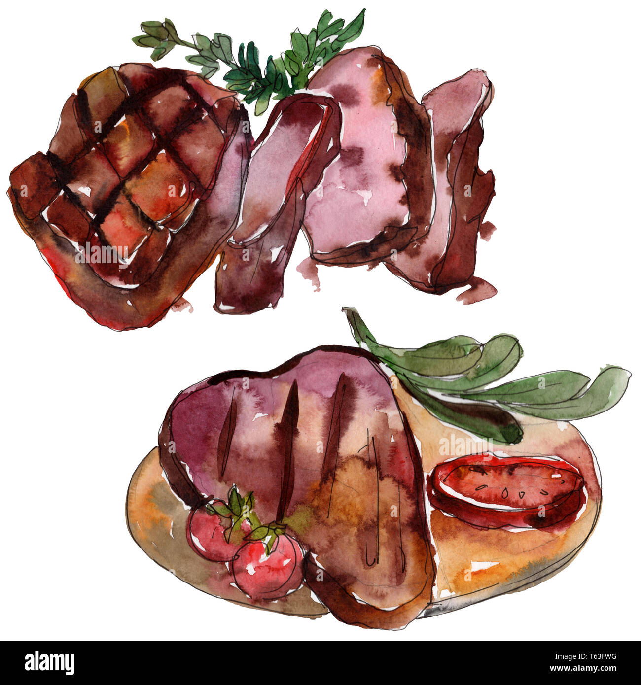 Grilled steak tasty food. Watercolor background illustration set ...