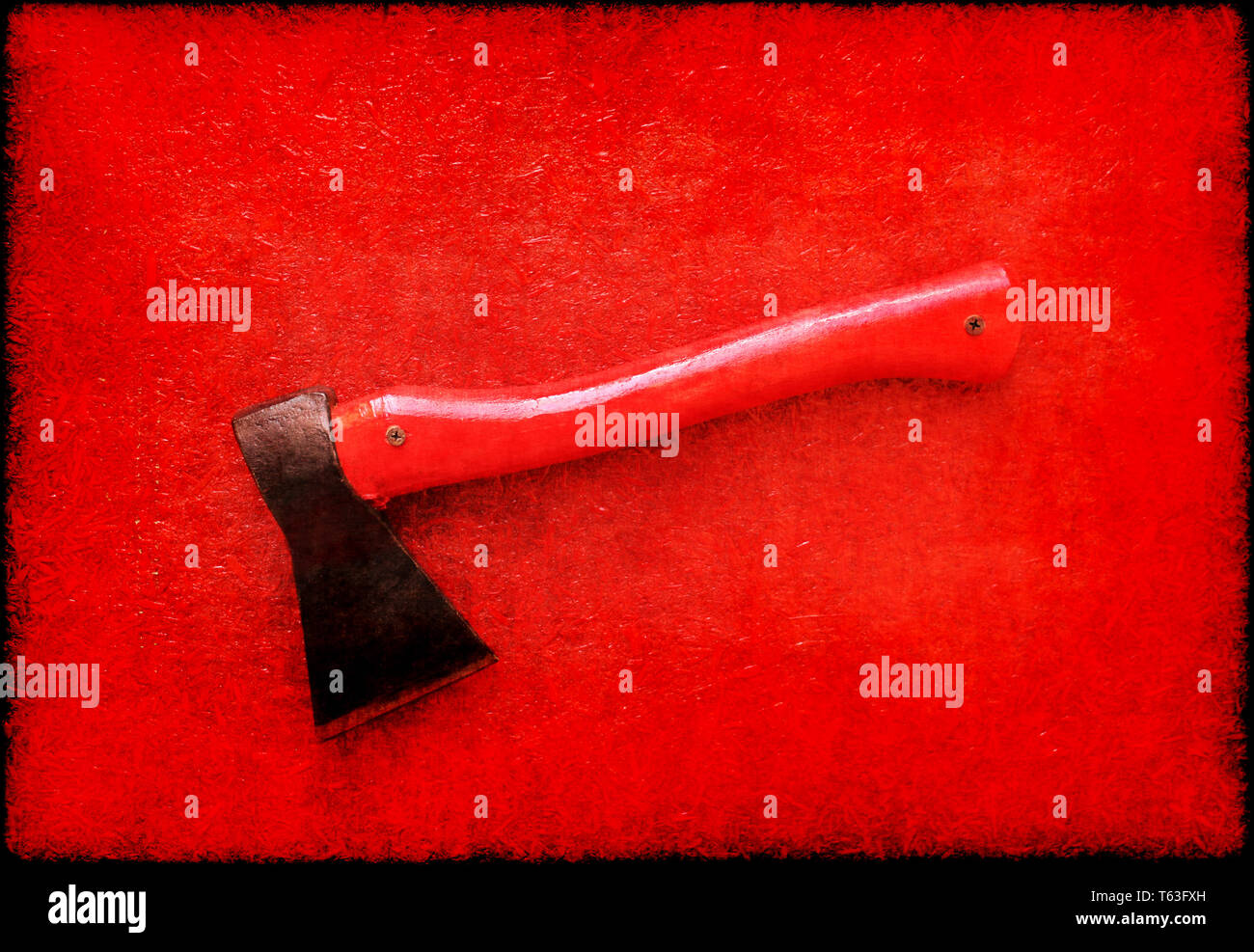 Red axe on red board background Stock Photo - Alamy