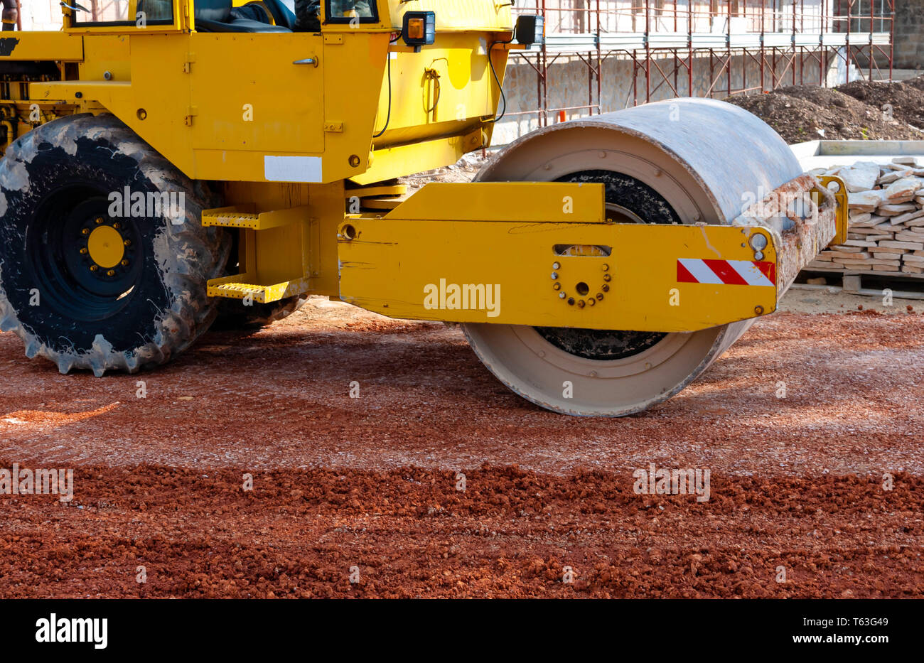 Construction site - road roller compact foundation Stock Photo - Alamy