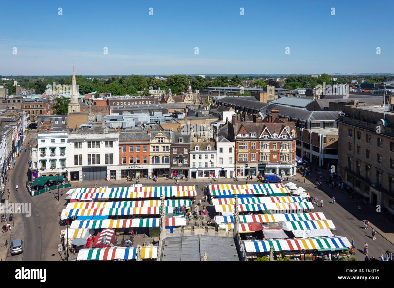 City and outdoor market square view from Great St Mary's Church tower ...