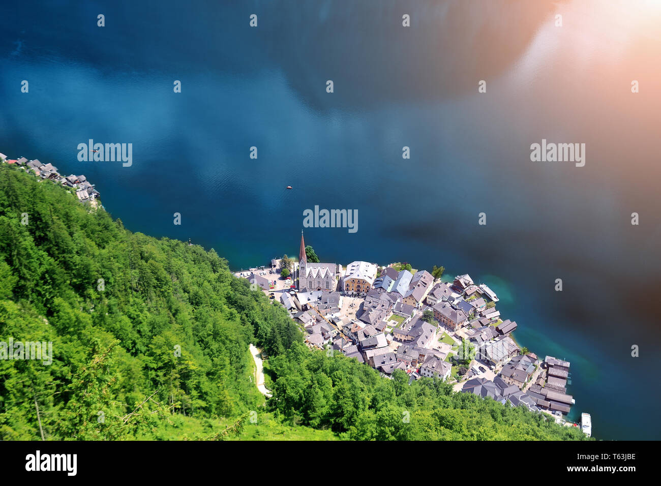 Aerial view from above on famous historical Hallstatt town on ...