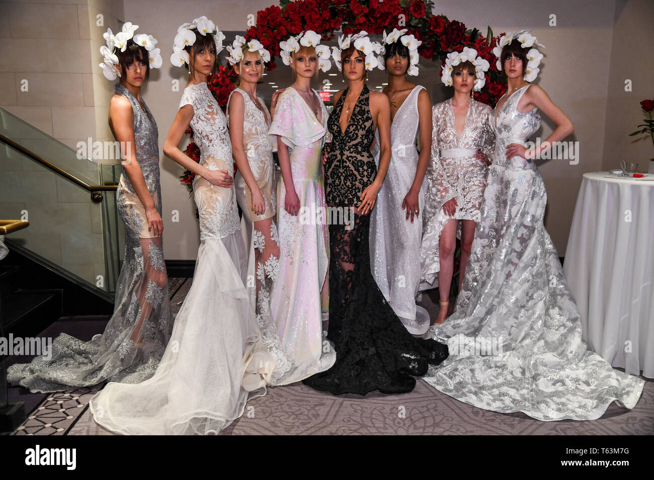 NEW YORK, NY - APRIL 13: Models pose during the Irina Shabayeva Bridal ...