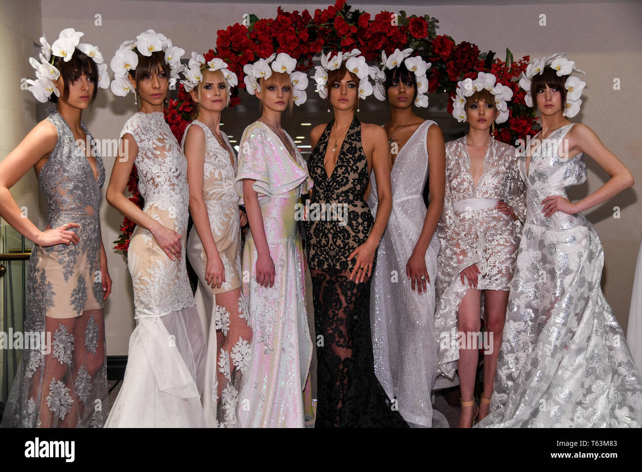 NEW YORK, NY - APRIL 13: Models pose during the Irina Shabayeva Bridal ...
