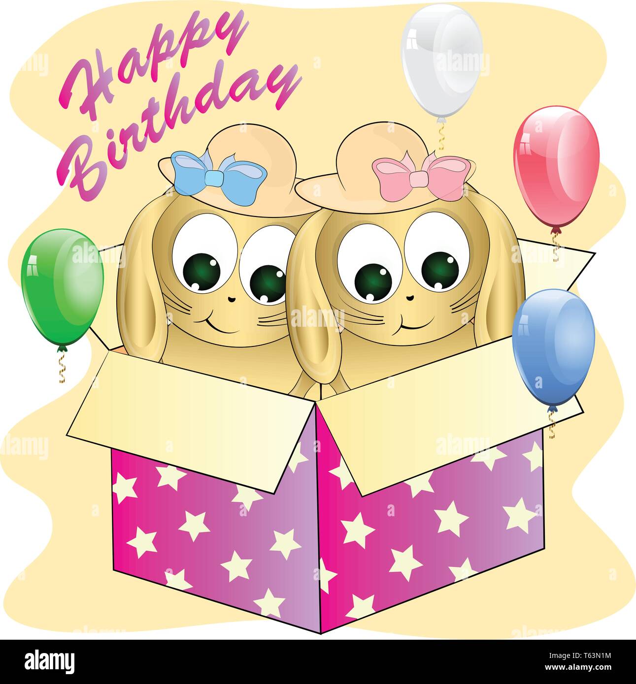 rabbits in a gift box cartoon vector illustration. birthday greeting ...