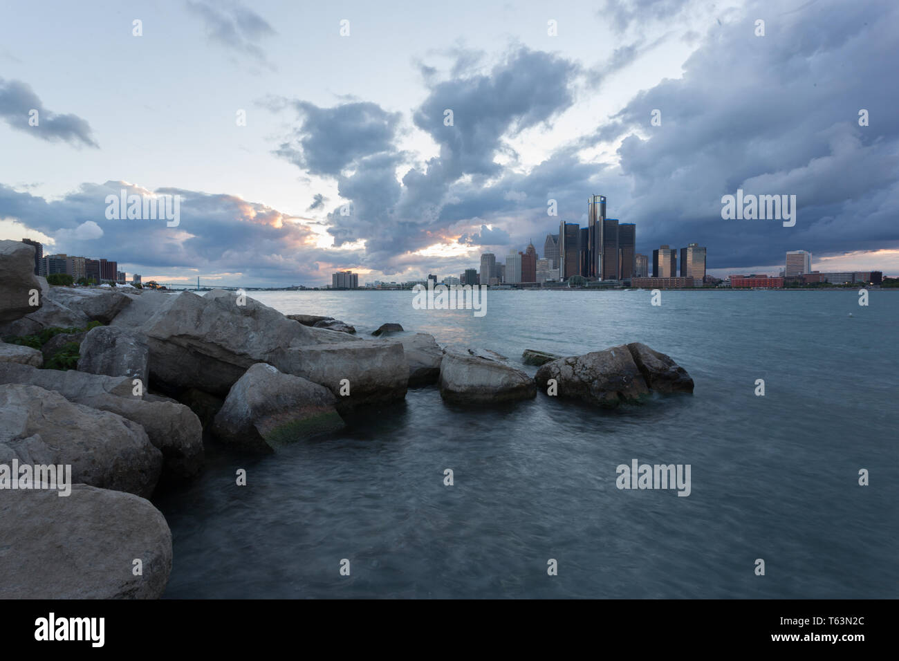 Scenic Windsor Ontario Riverfront Sunny View of Detroit, Michigan Stock ...