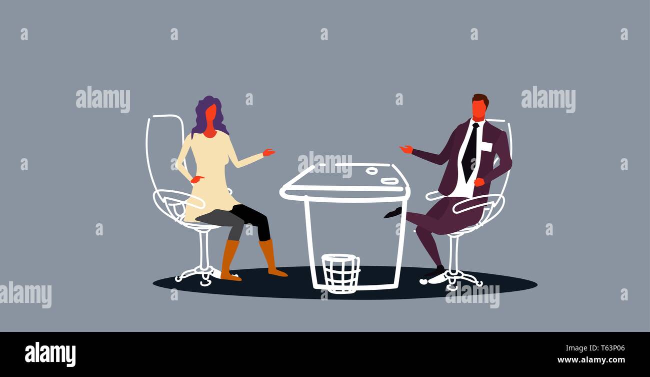 businessman asking questions and listening to candidate woman answers ...