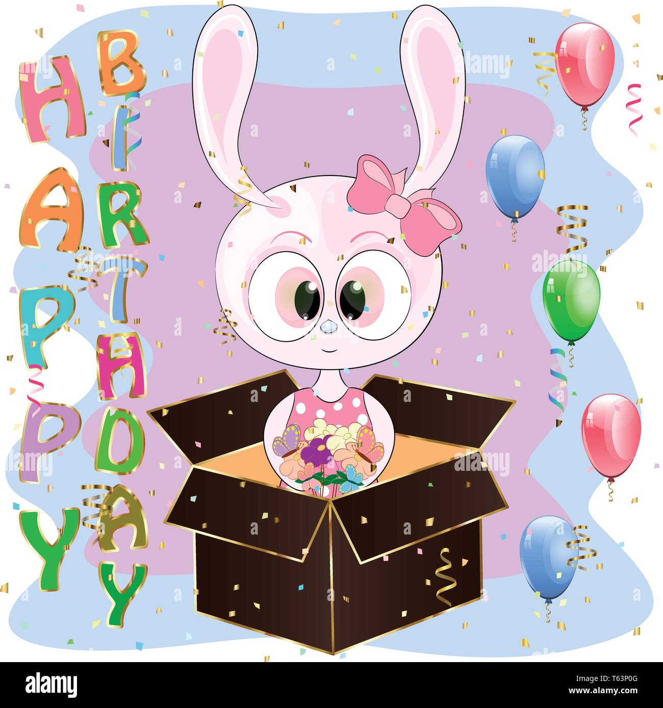 hare in a gift box cartoon illustration. birthday greeting card with ...