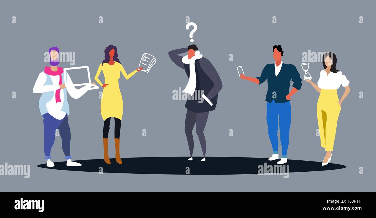 stressed business man surrounded by colleagues with gadgets and paper ...