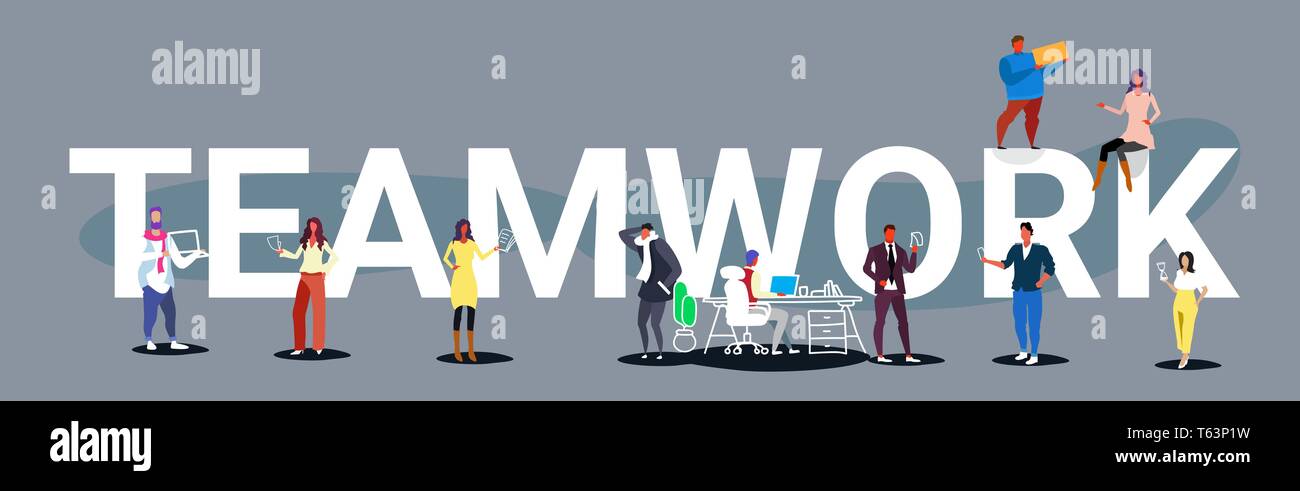 businesspeople team working together with big word teamwork concept men ...