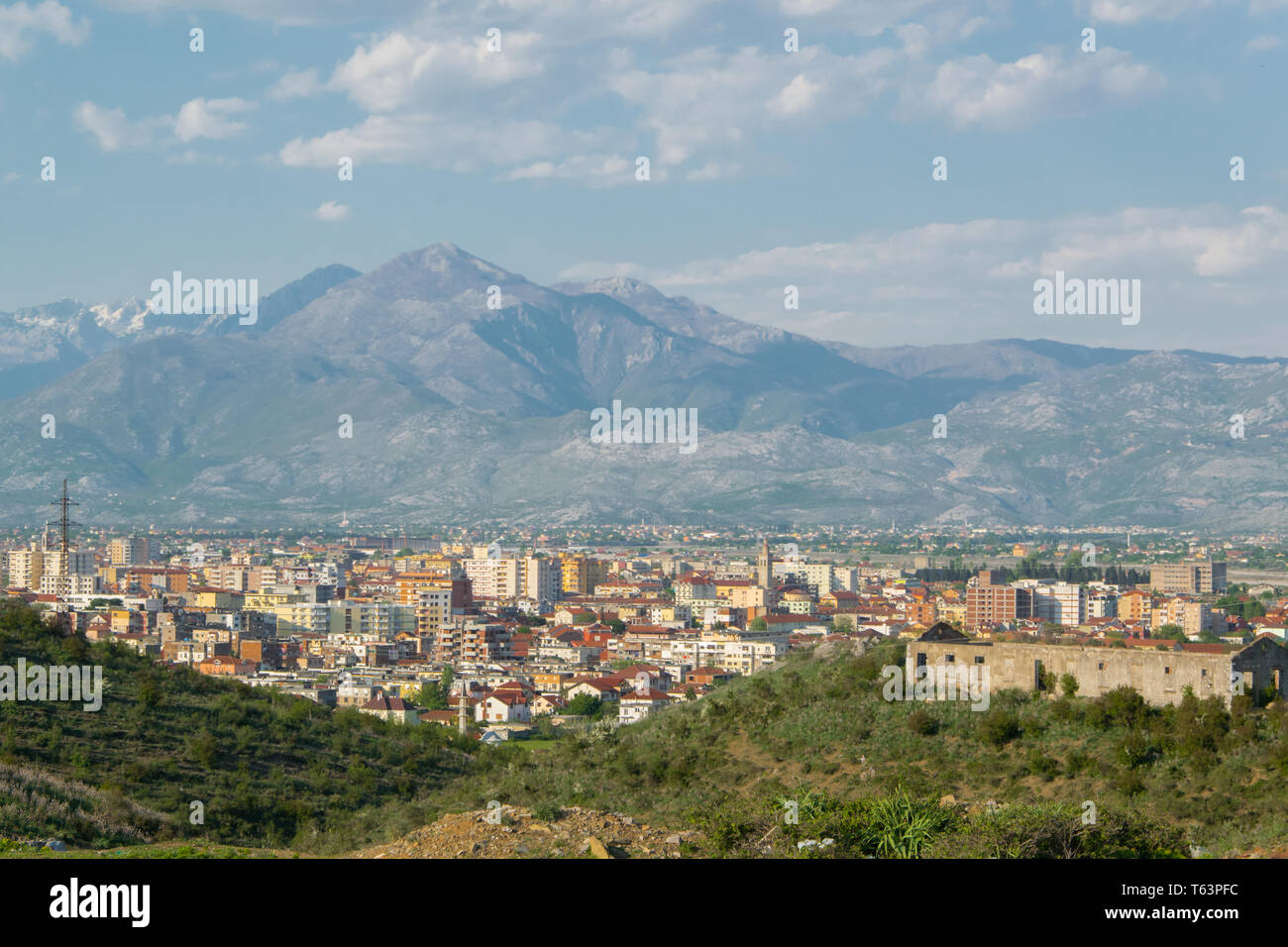 Albanian city Shkoder cityscape with mountain background Stock Photo ...
