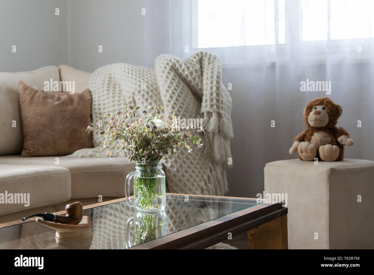Close up view of comfortable part of modern living room. Interior ...