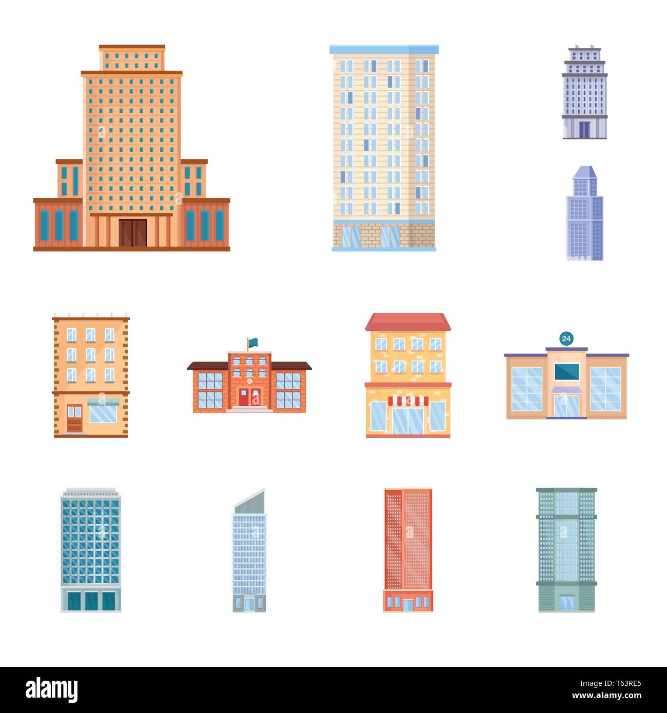 Vector illustration of facade and building symbol. Collection of facade ...